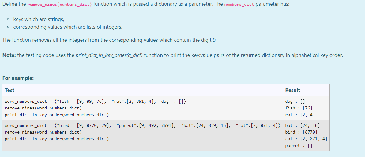 Solved Define the remove_nines (numbers_dict) function which | Chegg.com