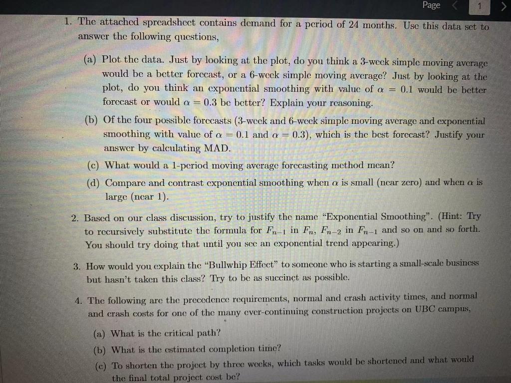 Solved Page 1 1. The attached spreadsheet contains demand | Chegg.com