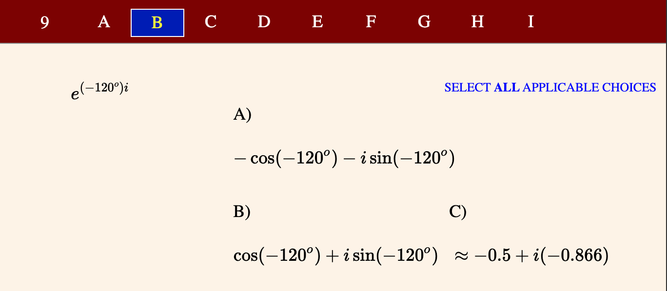 Solved 9 A B C D E F G H I el-120°)i SELECT ALL APPLICABLE | Chegg.com