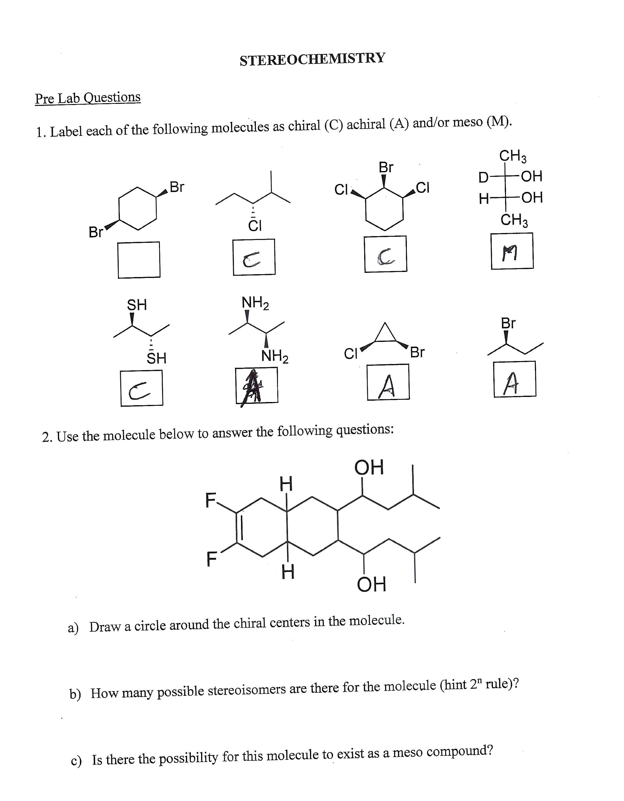 Solved STEREOCHEMISTRY Pre Lab Questions 1. Label each of | Chegg.com