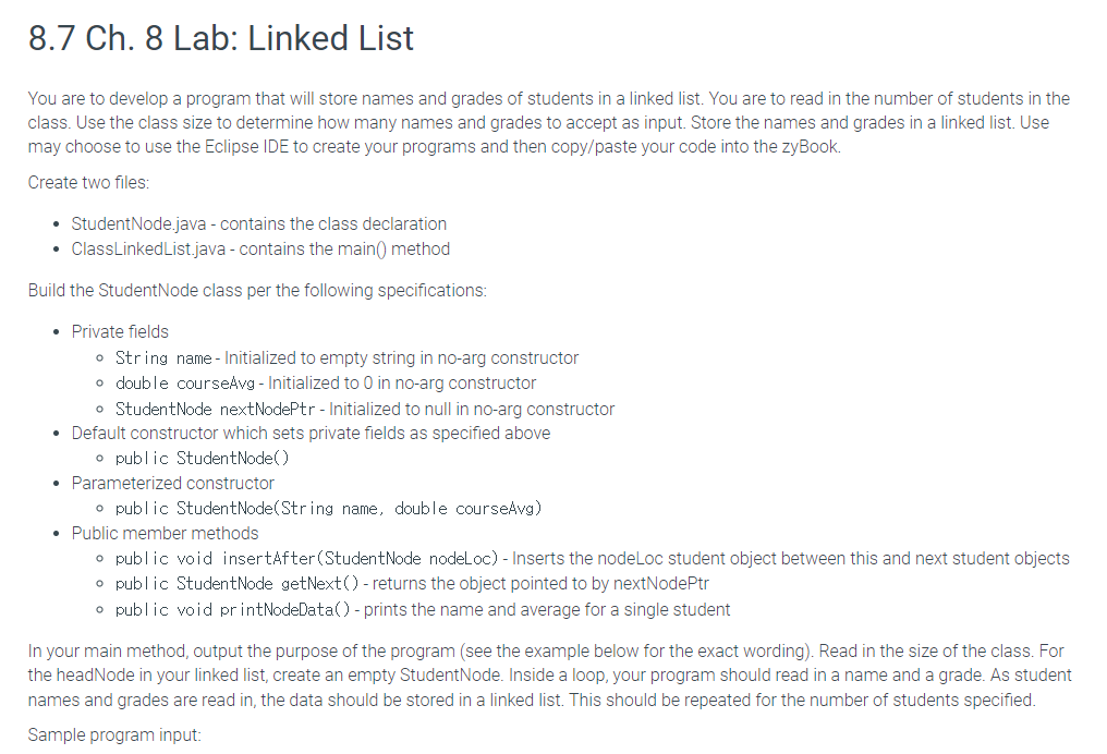 Solved 8.7 Ch. 8 Lab: Linked List You are to develop a | Chegg.com