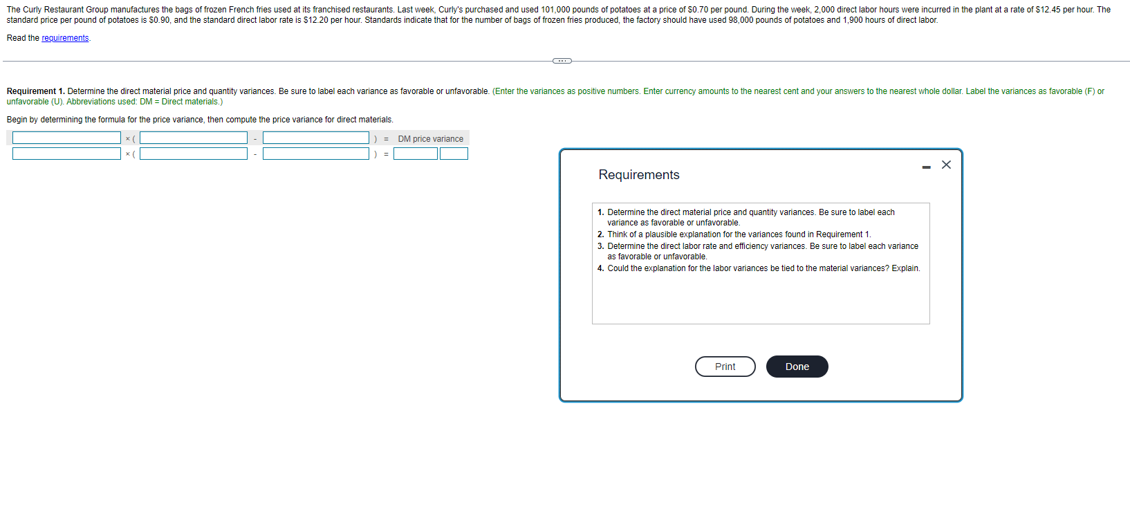 Solved Requirements 1. Determine the direct material price | Chegg.com