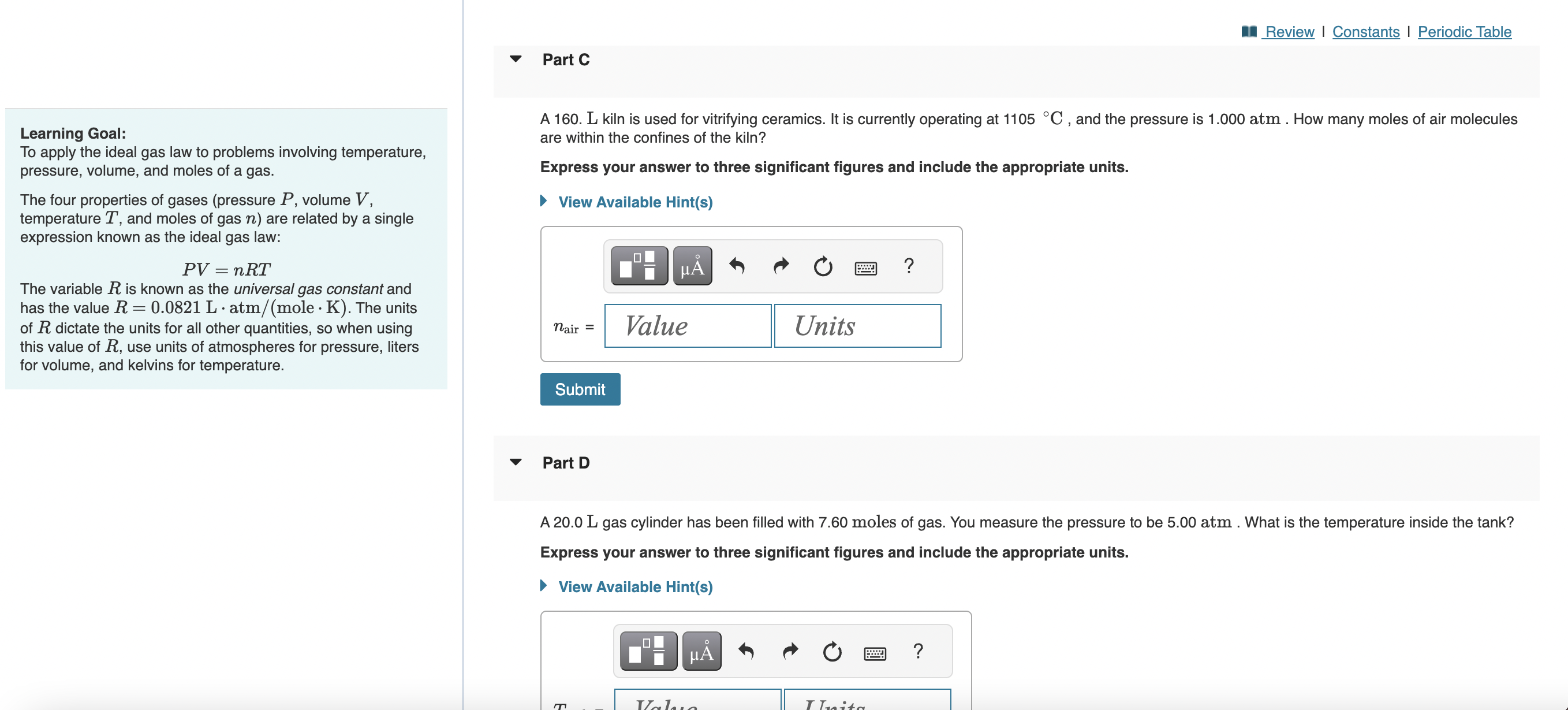 Solved Learning Goal: To apply the ideal gas law to problems | Chegg.com
