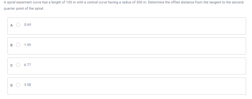 Solved A spiral easement curve has a length of 100 m with a | Chegg.com Solved A spiral easement curve has a length of 100 m with a | Chegg.com