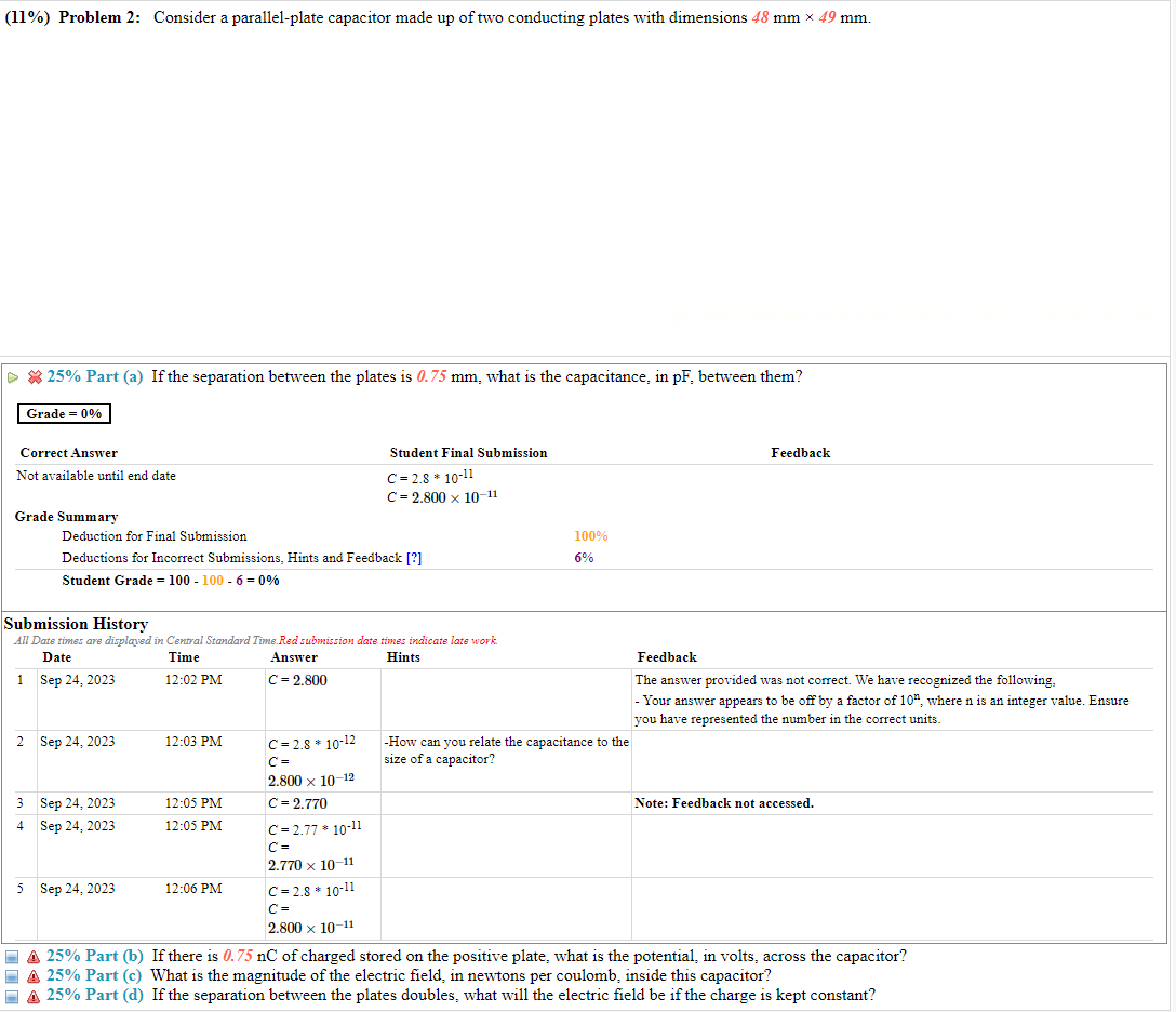Solved (11\%) Problem 2: Consider a parallel-plate capacitor | Chegg.com