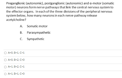 Solved Preganglionic (autonomic), postganglionic (autonomic) | Chegg.com