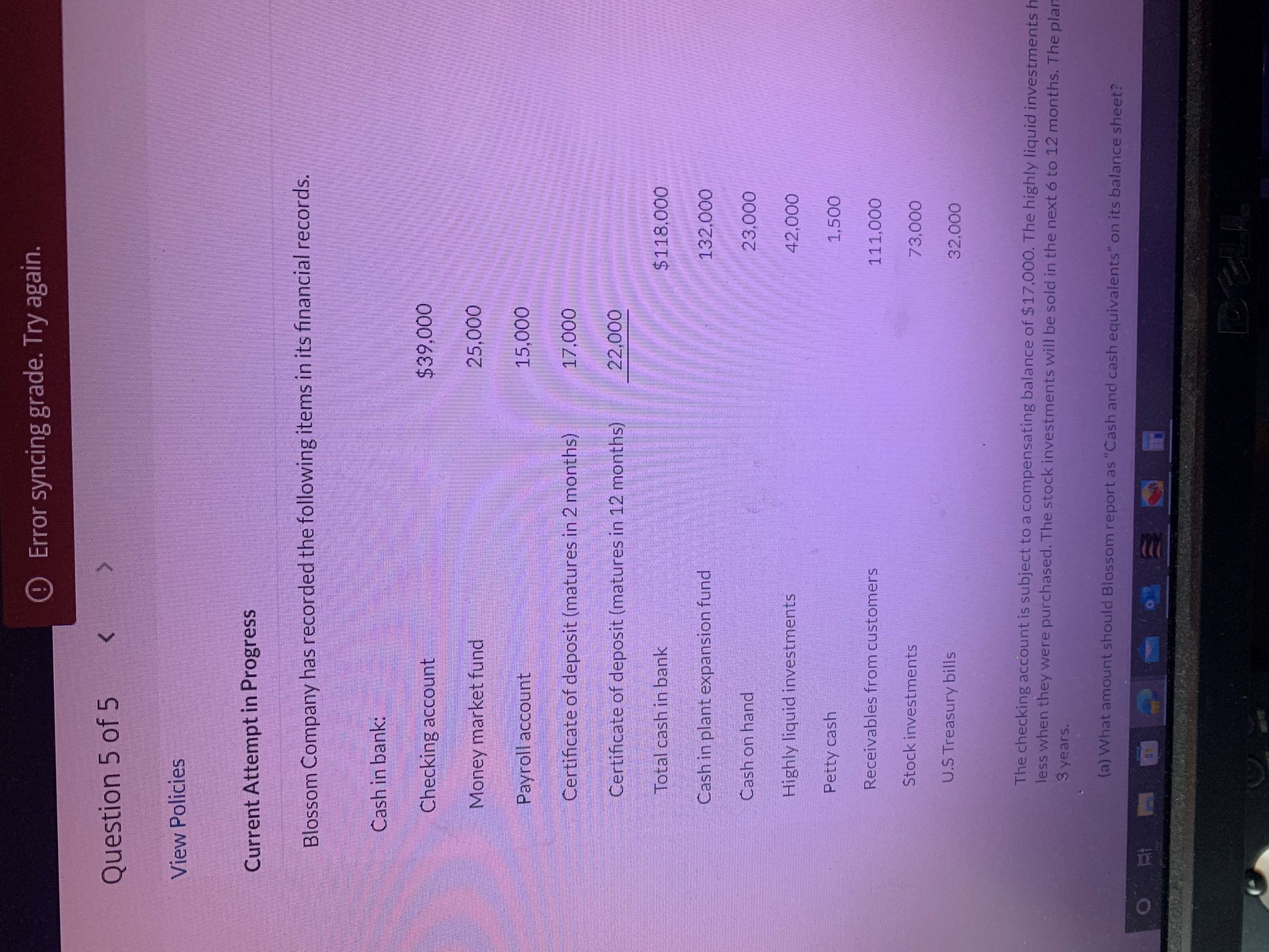 Solved The checking account is subject to a compensating | Chegg.com