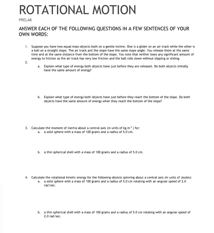 Solved ROTATIONAL MOTION PRELAB ANSWER EACH OF THE FOLLOWING | Chegg.com