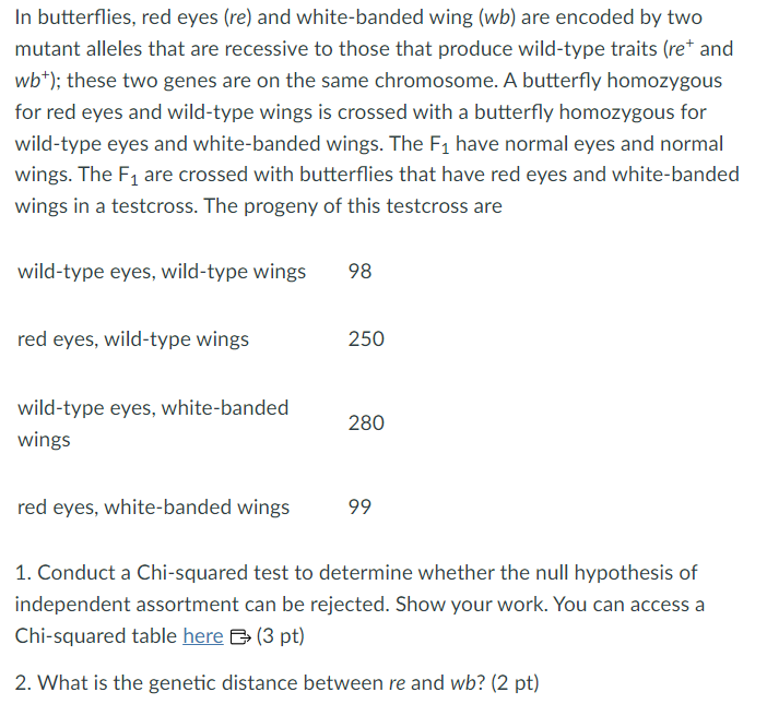 Solved In butterflies, red eyes (re) and white-banded wing | Chegg.com