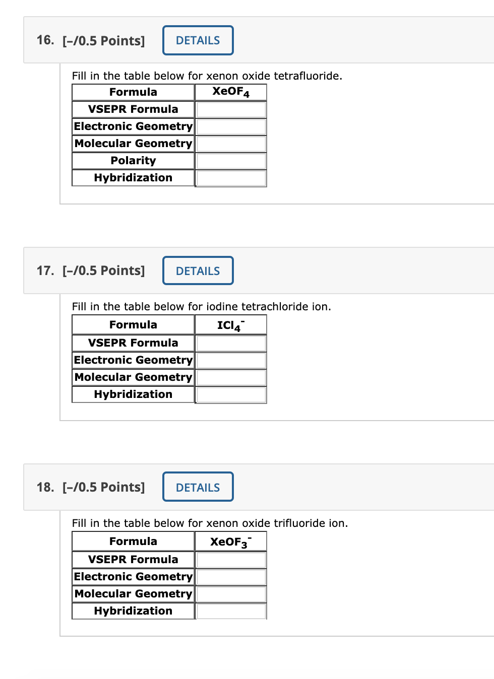 Solved 16. [-70.5 Points] DETAILS Fill in the table below | Chegg.com