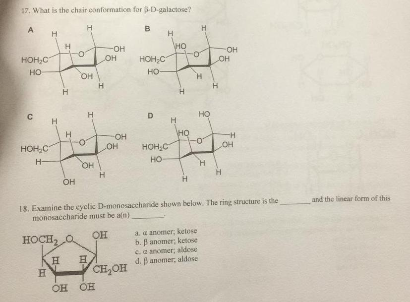 Solved 17. What is the chair conformation for β-D-galactose? | Chegg.com