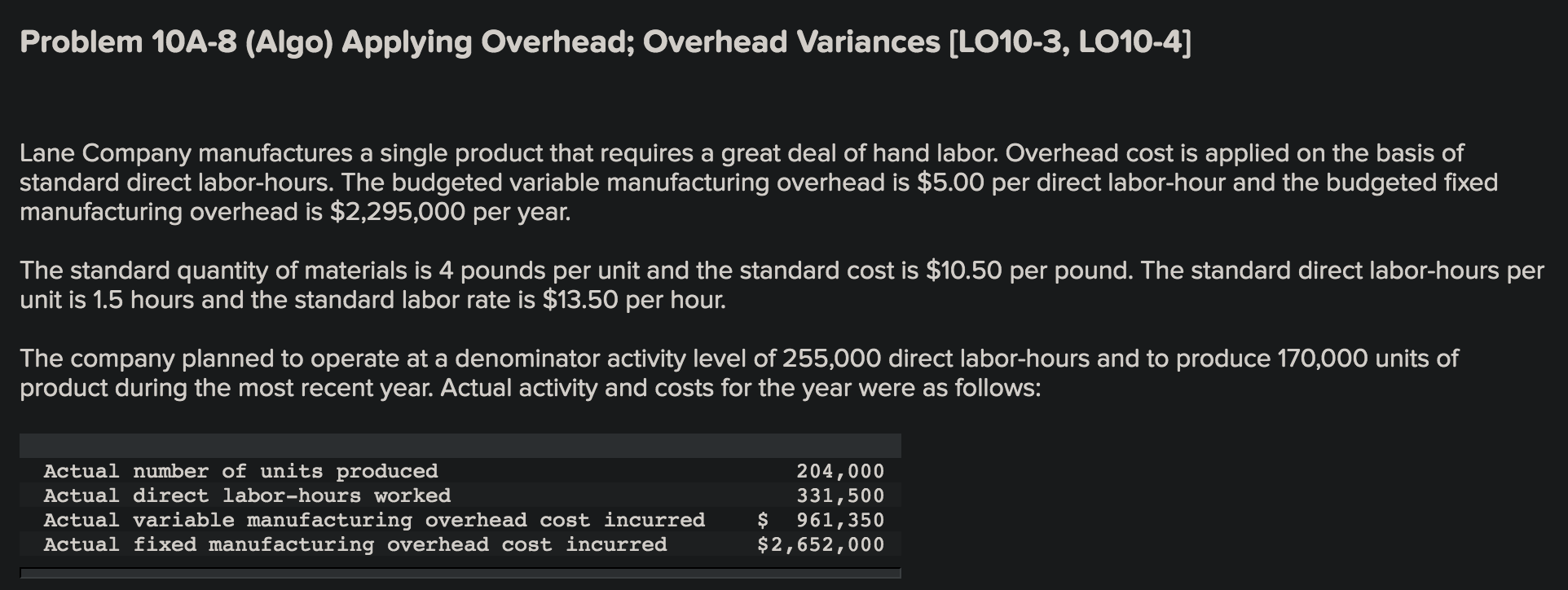 Solved Problem 10A-8 (Algo) Applying Overhead; Overhead | Chegg.com