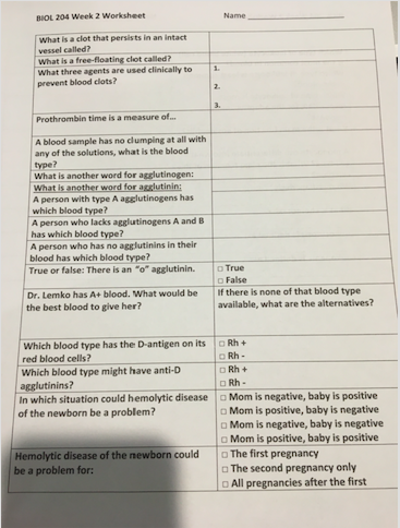 Solved BIOL 204 Week 2 Worksheet What is a clot that | Chegg.com