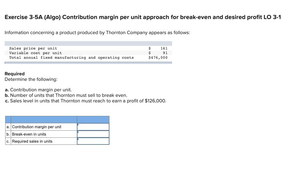 Solved Exercise 3-5A (Algo) Contribution margin per unit | Chegg.com