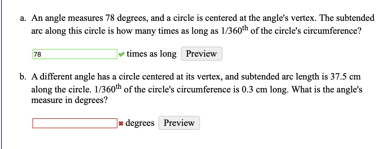 Solved a. An angle measures 78 degrees, and a circle is | Chegg.com