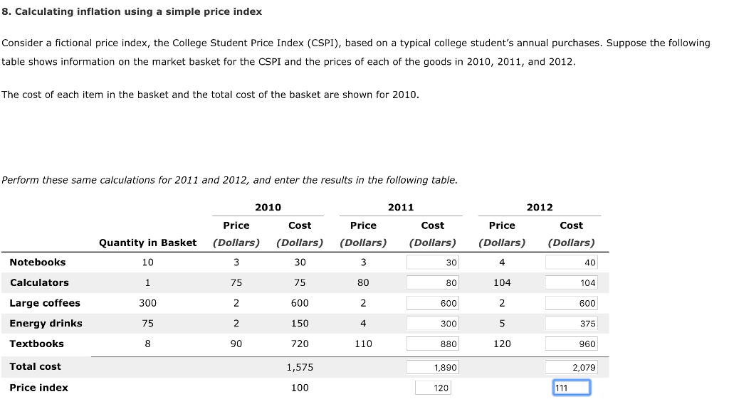 Solved 8. Calculating inflation using a simple price index | Chegg.com