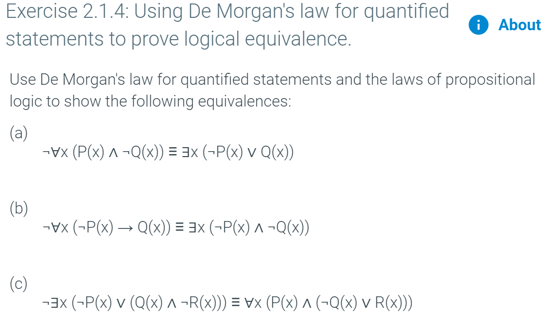 Solved Exercise 2.1.4: Using De Morgan's law for quantified | Chegg.com