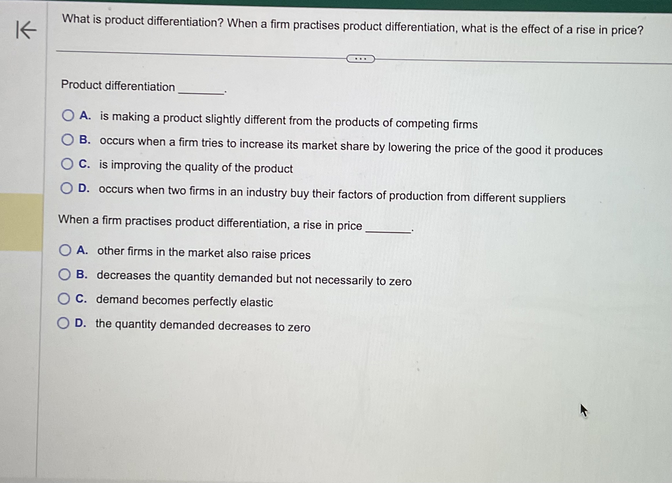Solved What is product differentiation? When a firm | Chegg.com