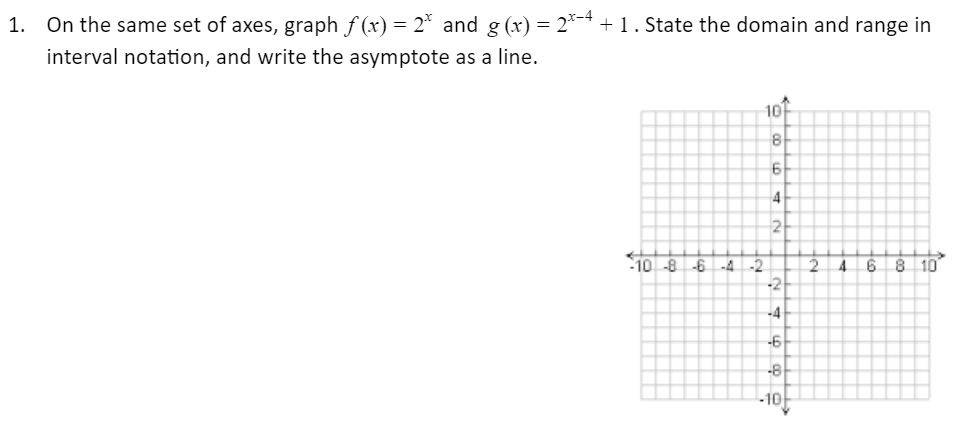 Solved 1. On the same set of axes, graph f (x) = 2* and g(x) | Chegg.com