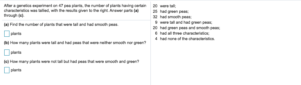 Solved After a genetics experiment on 47 pea plants, the | Chegg.com