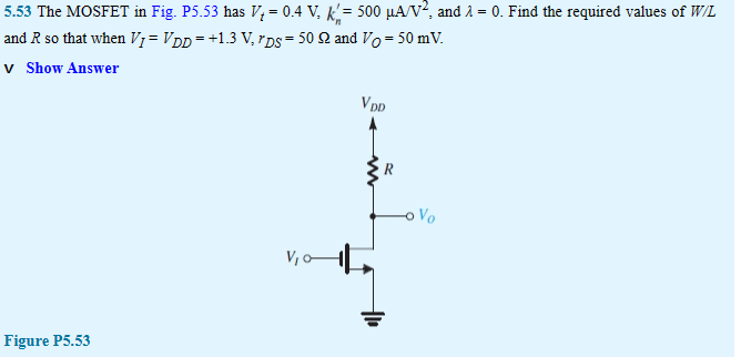 Solved 5.53 The MOSFET in Fig. P5.53 has Vt=0.4 | Chegg.com