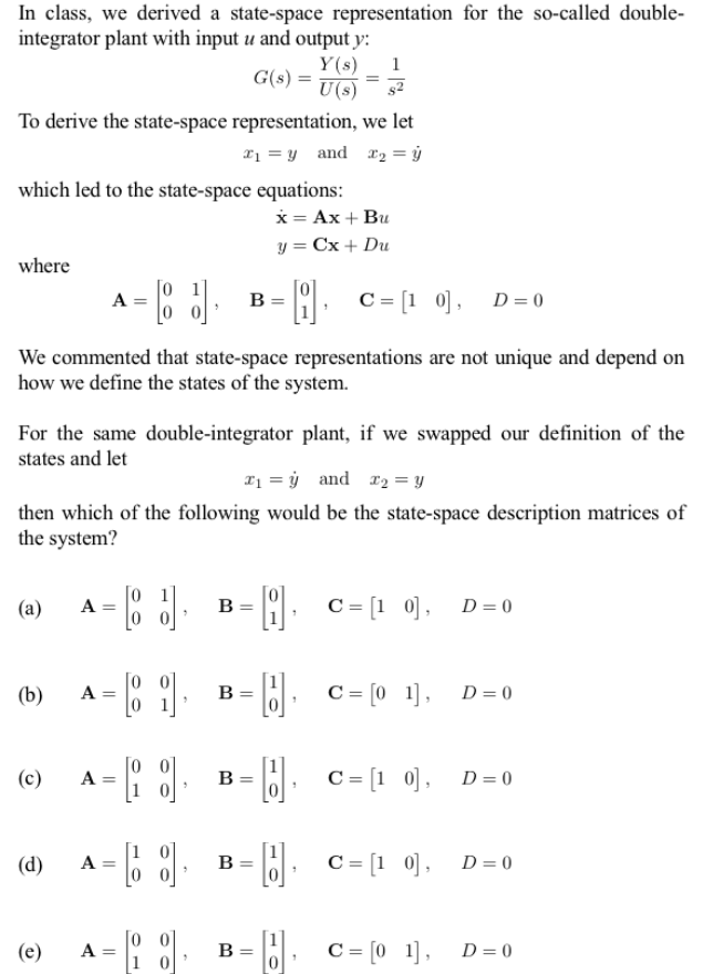Solved In class, we derived a state-space representation for | Chegg.com