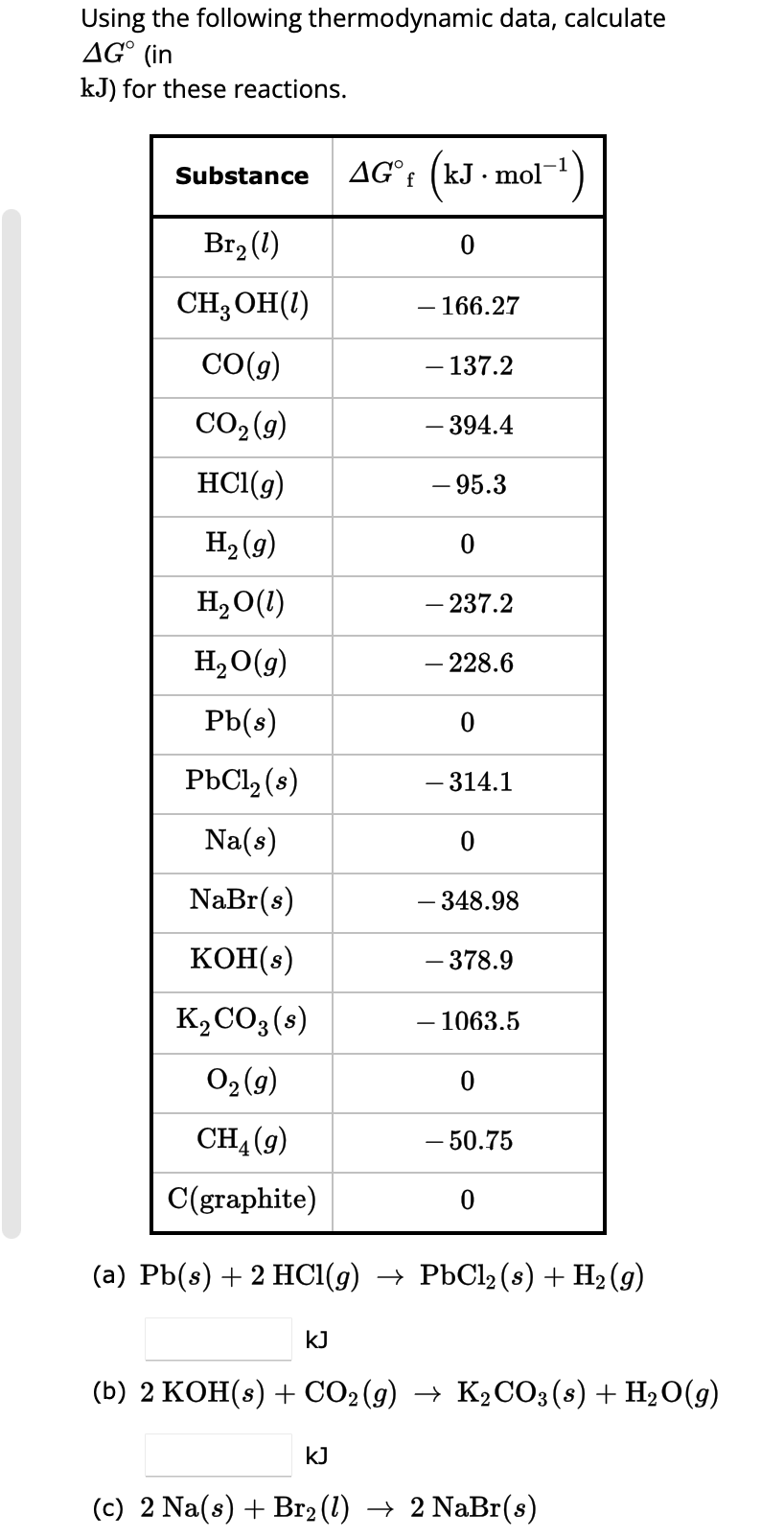 Solved Using the following thermodynamic data, calculate ΔG∘ | Chegg.com