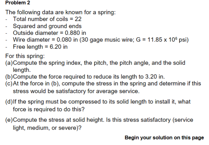 The following data are known for a spring: - Total | Chegg.com