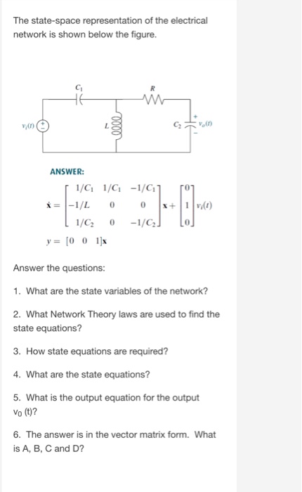 Solved The state-space representation of the electrical | Chegg.com
