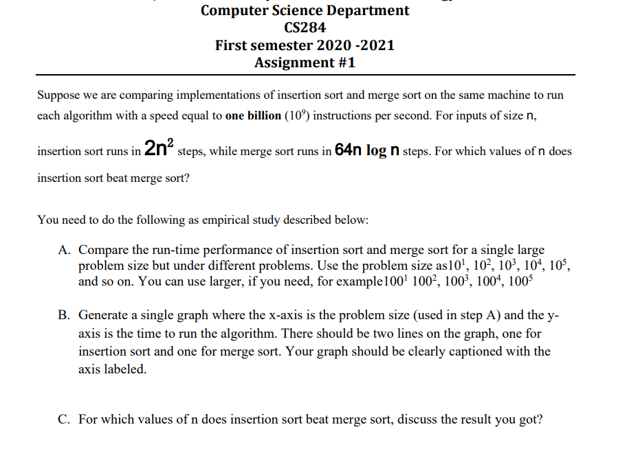 Computer Science Department CS284 First semester | Chegg.com