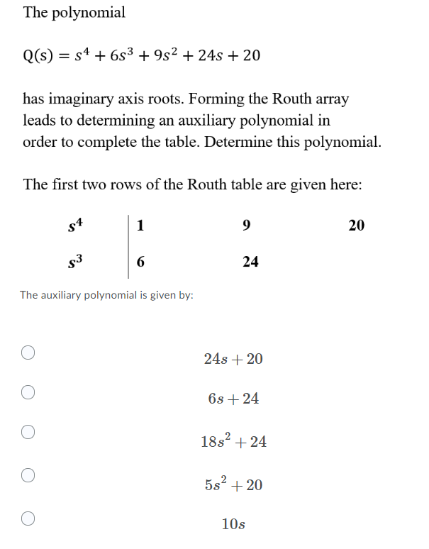 Solved The polynomial Q(s) = 54 +683 +992 + 24s + 20 has | Chegg.com