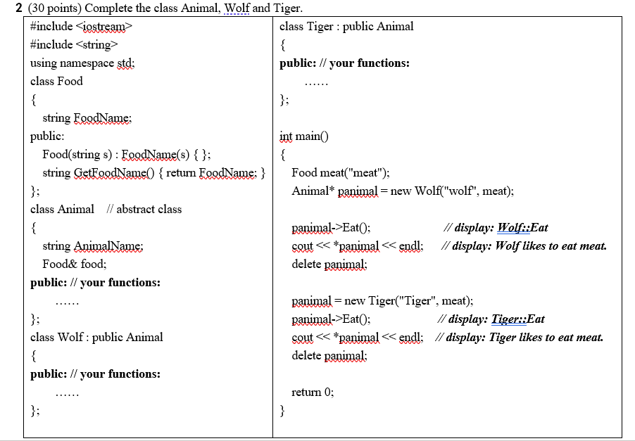 Solved 2 (30 points) Complete the class Animal, Wolf and | Chegg.com