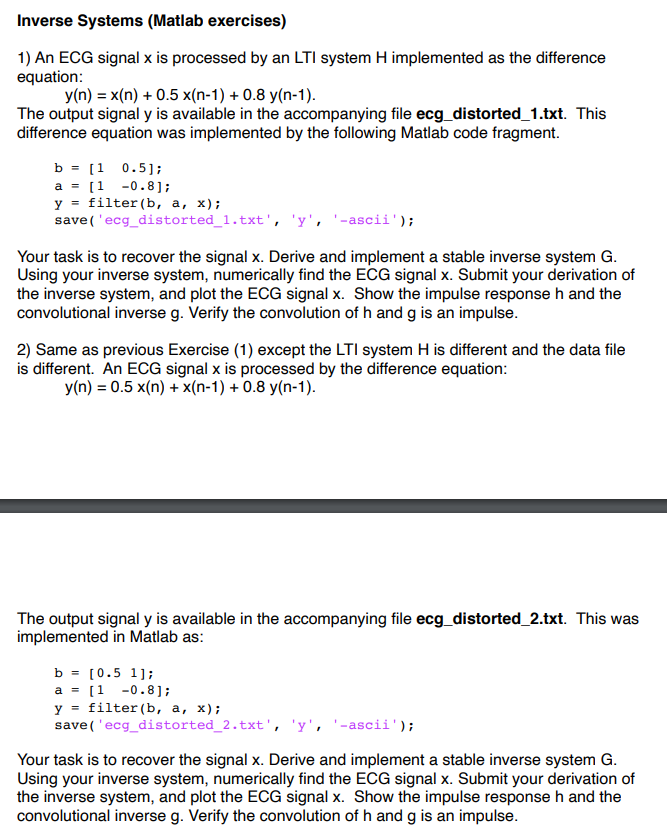 Solved Inverse Systems (Matlab exercises) 1) An ECG signal x | Chegg.com