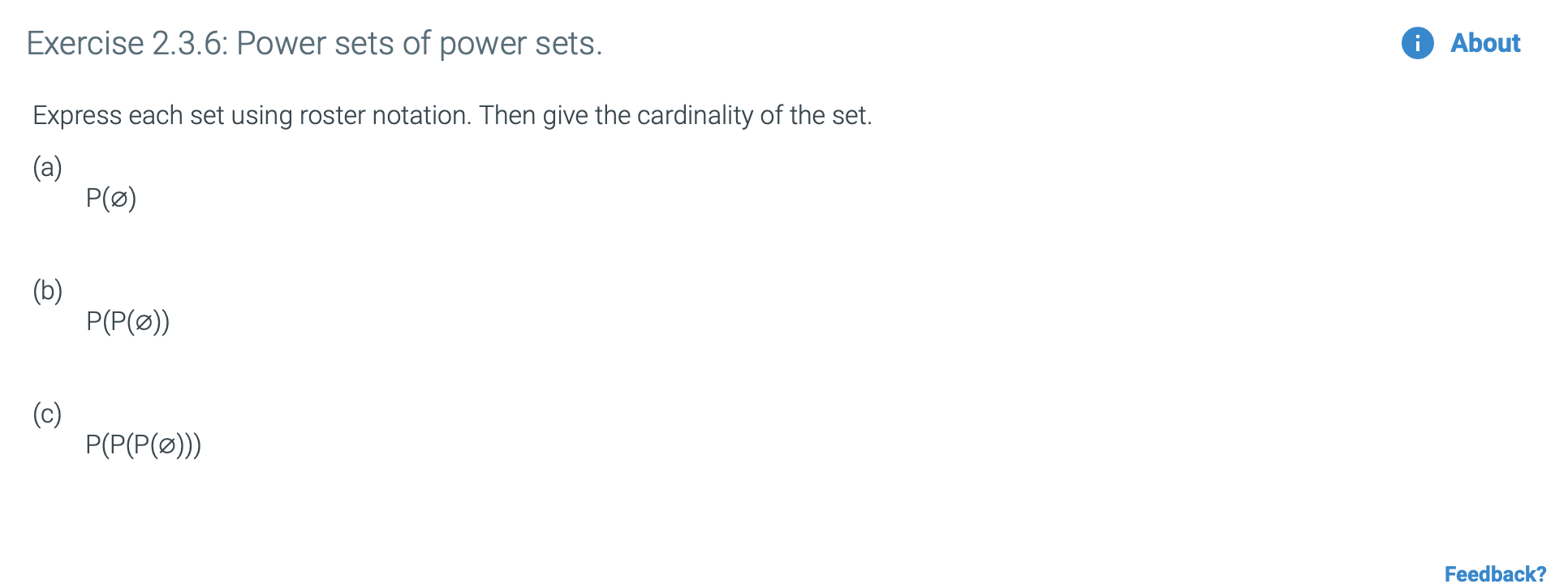 Solved Exercise 2.3.6: Power sets of power sets. i About | Chegg.com