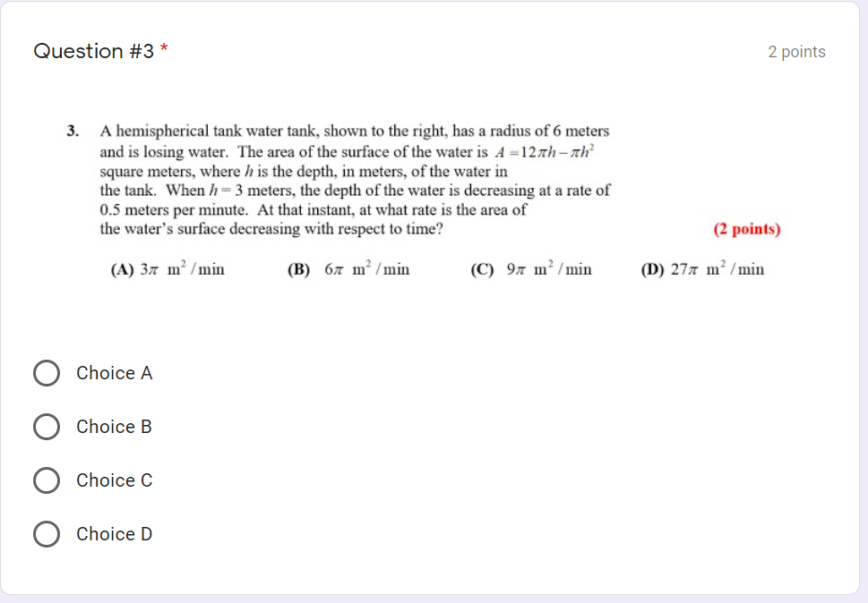 Solved Question #3* 2 points 3. A hemispherical tank water | Chegg.com