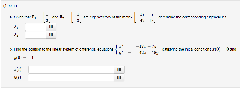 Solved (1 point) a. Given that v1 [] and 02 are eigenvectors | Chegg.com
