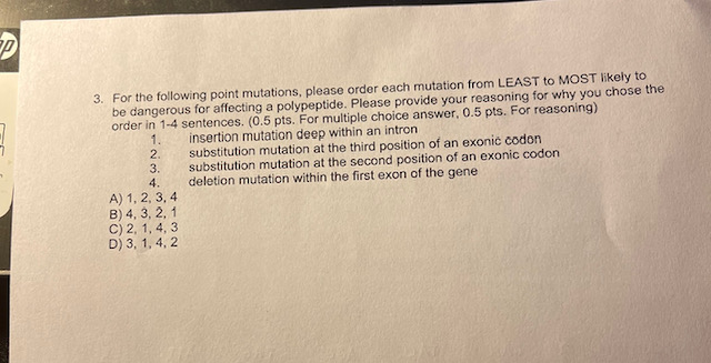 Solved EP 3. For the following point mutations, please order | Chegg.com