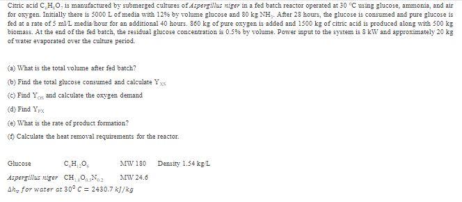 Solved Citric acid C6H8O7 is manufactured by submerged | Chegg.com