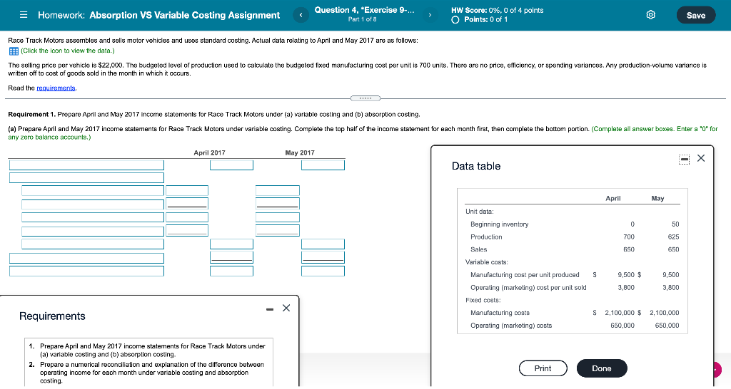 Solved Homework: Absorption VS Variable Costing Assignment