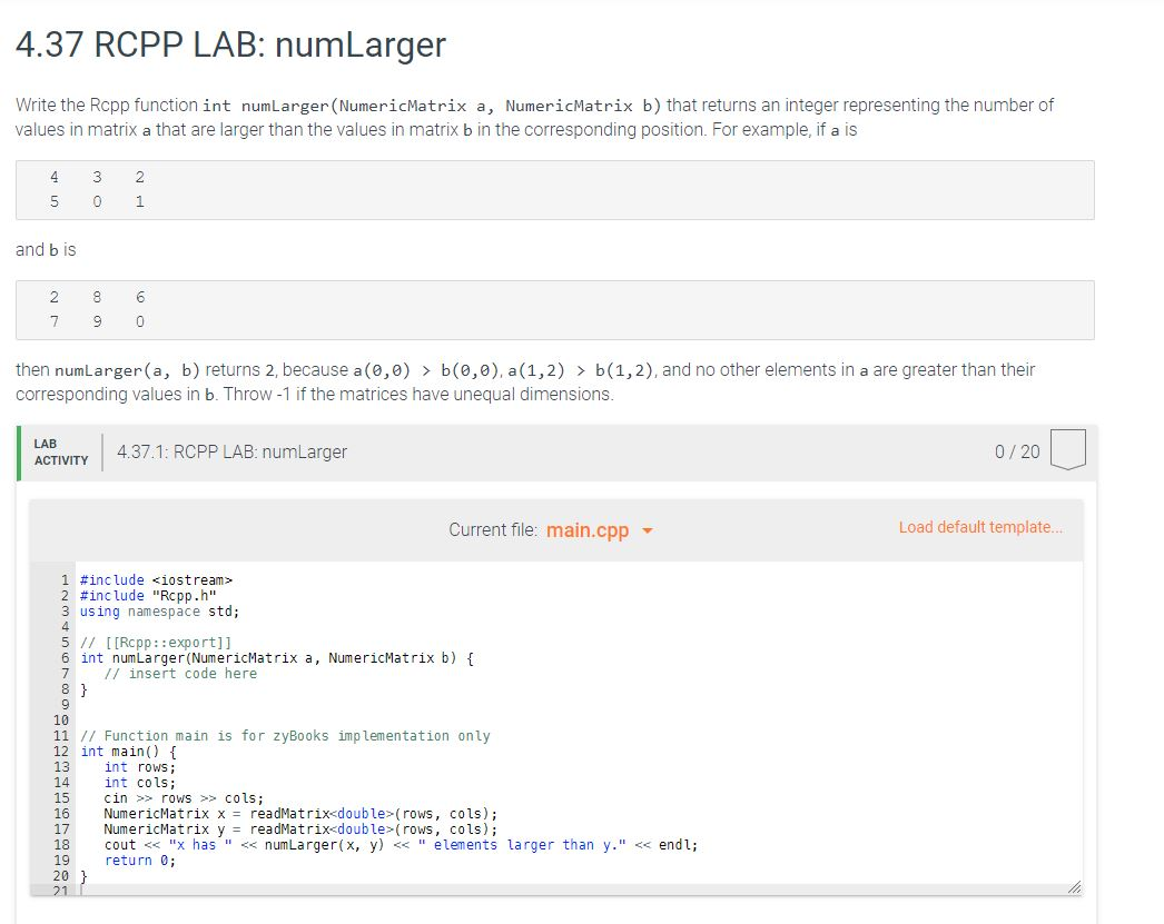 Solved 4.37 RCPP LAB: numLarger Write the Rcpp function int | Chegg.com