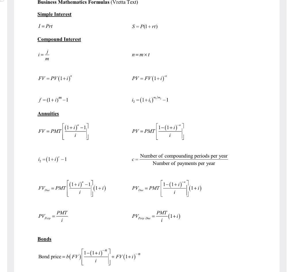Solved Business Mathematics Formulas (Vretta Text) Simple | Chegg.com