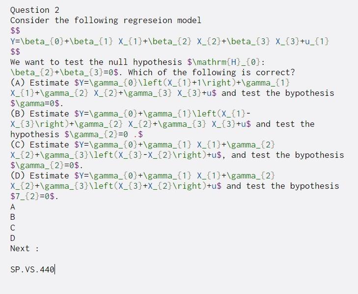 Solved Question 2 Consider the following regreseion model $$ | Chegg.com