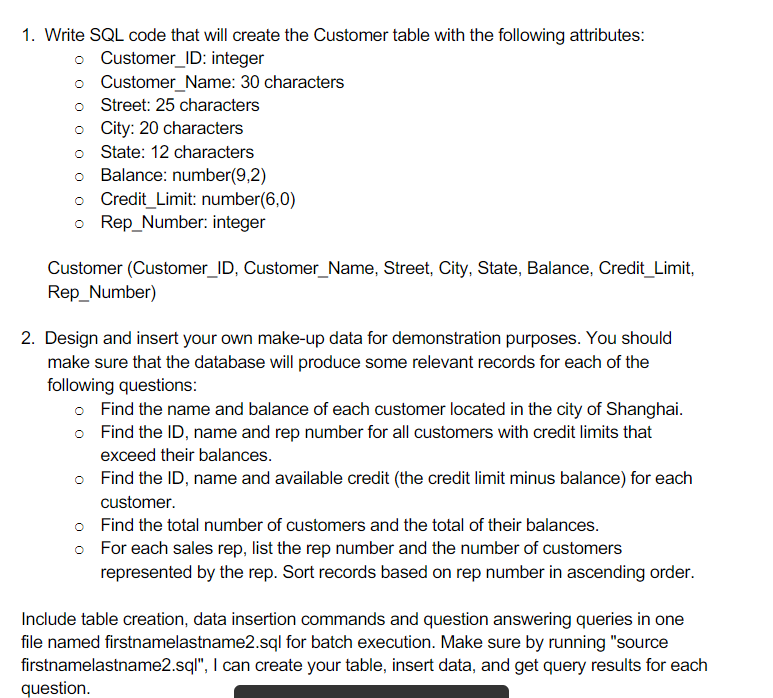 Solved 1. Write SQL code that will create the Customer table | Chegg.com