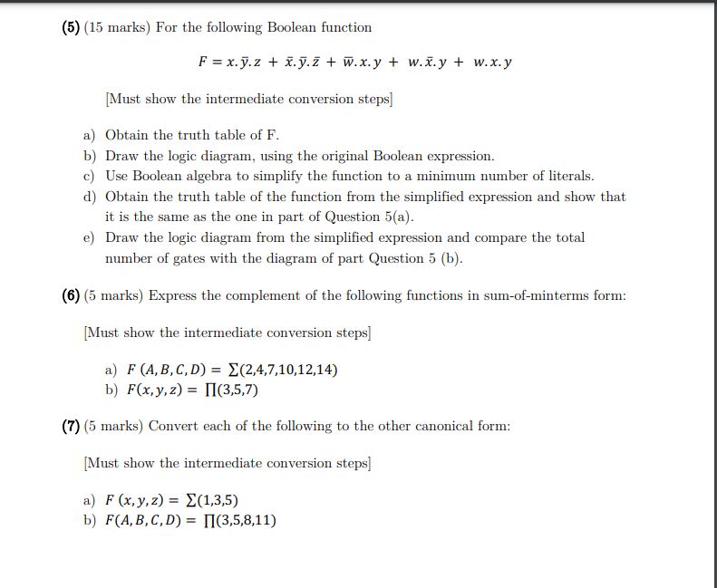 Solved (5) (15 ﻿marks) ﻿For the following Boolean | Chegg.com