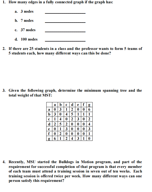 Solved 1. How many edges in a fully connected graph if the | Chegg.com