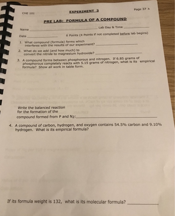 Solved CHE 101 Laboratory Manual Exp. 3: Formula of a | Chegg.com