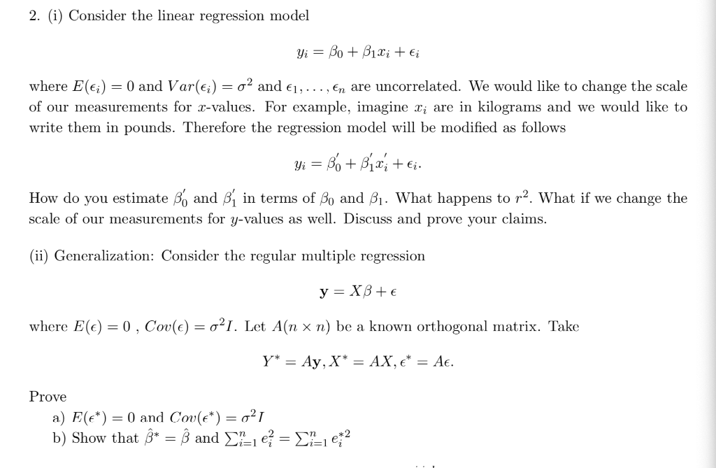 2. (i) Consider the linear regression model Yi = Bo + | Chegg.com