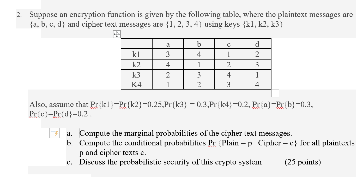 Solved 2. Suppose an encryption function is given by the | Chegg.com