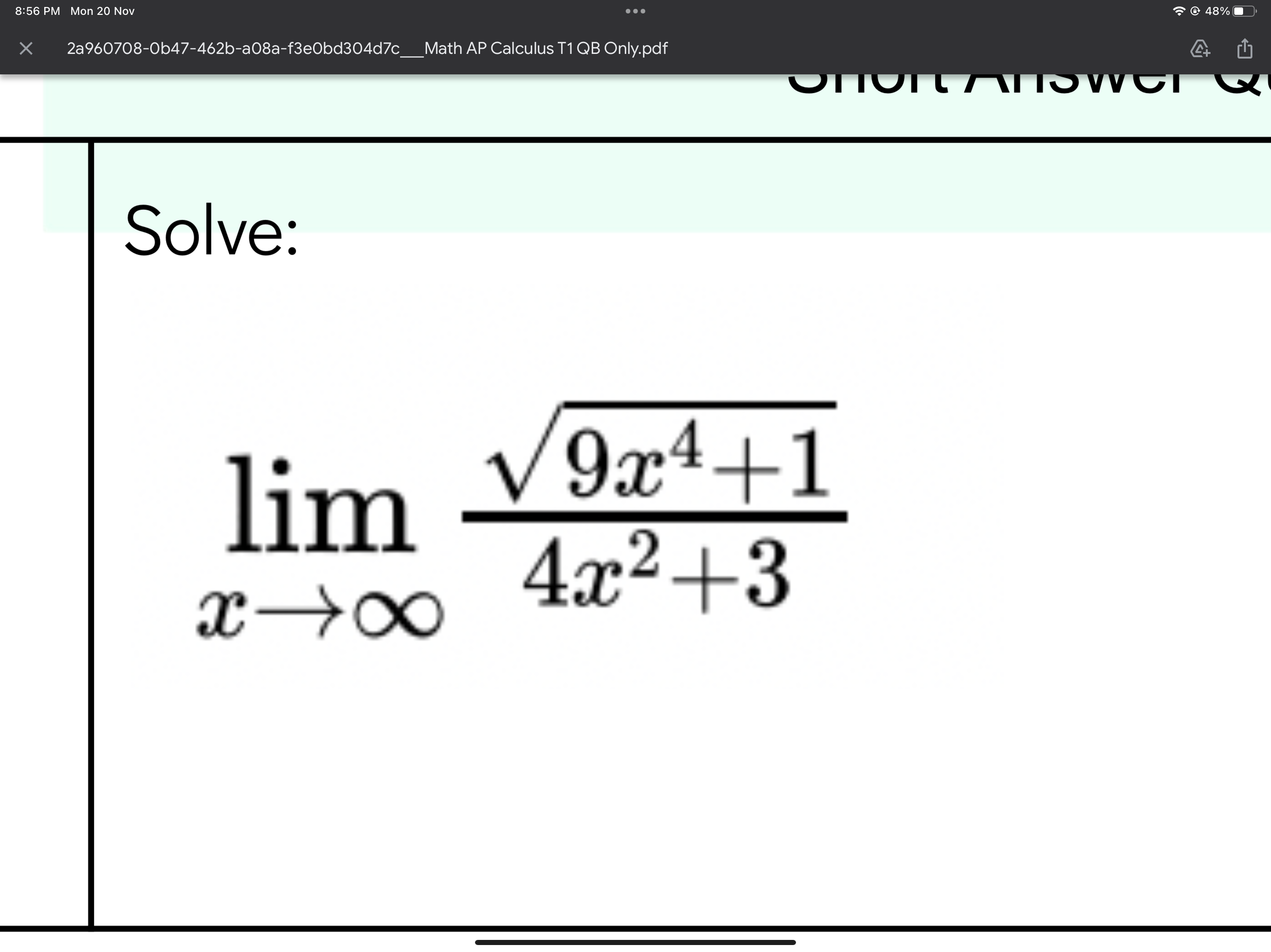 Solved Solve:limx→∞9x4+124x2+3 | Chegg.com