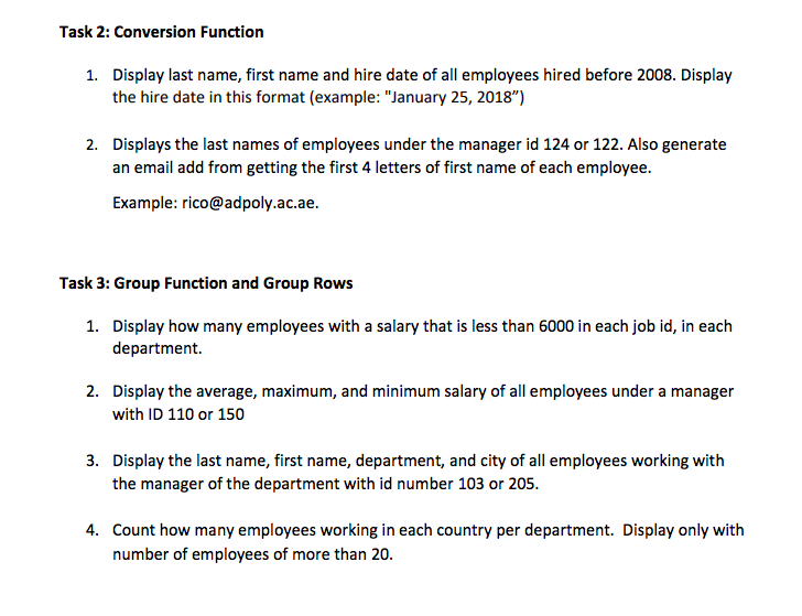 Solved Task 2: Conversion Function 1. Display last name, | Chegg.com